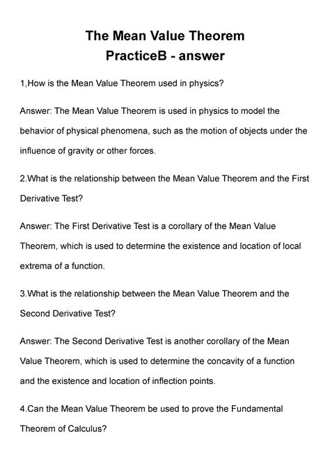 The Mean Value Theorem Practice B Answer The Mean Value Theorem Practiceb Answer 1 How Is