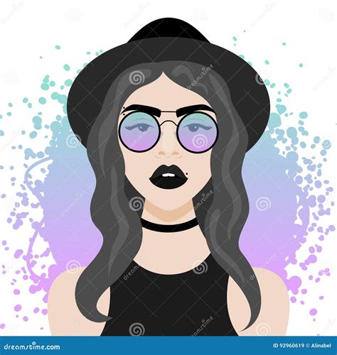 Vector Illustration With Hipster Girl Geek Glasses Hat In Flat Style