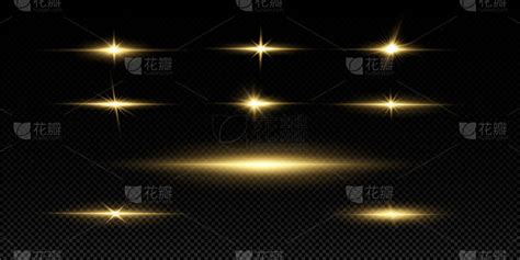 金色的星星孤立在黑色的背景上。效果，眩光，线条，闪光，爆炸，金色的光。矢量图