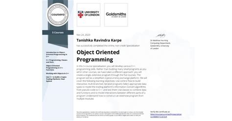 Tanishka Karpe On Linkedin Completion Certificate For Object Oriented