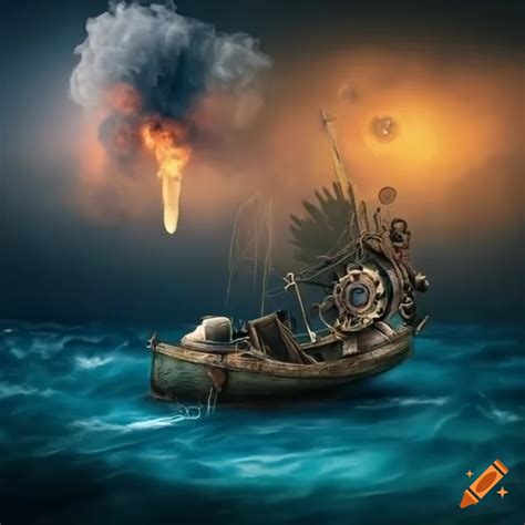 Surreal Steampunk Machine Boat With Canons In A Strange Landscape On Craiyon