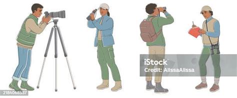 아프리카 계 미국인 조류 관찰 쌍안경 카메라 스포팅 스코프 및 야외 옷에 메모장을 가진 남성과 여성 남자에 대한 스톡 벡터 아트 및 기타 이미지 Istock