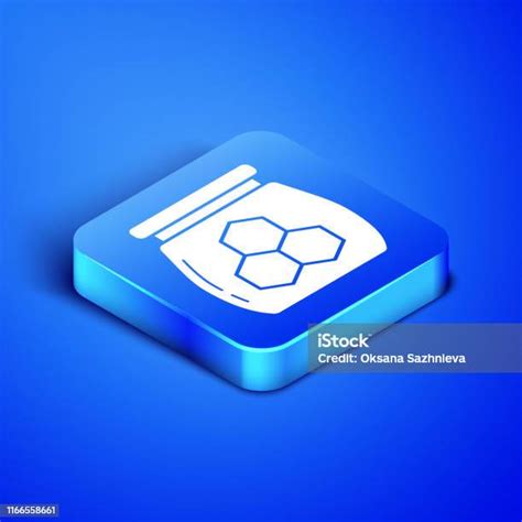 파란색 배경에 격리 된 꿀 아이콘의 등각 측정 항아리 푸드 뱅크 달콤한 자연 식품 기호입니다 파란색 사각형 버튼입니다 벡터