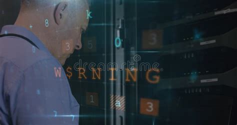 Image Of Cyber Attack Warning Over Caucasian Man In Server Room Stock Image Image Of