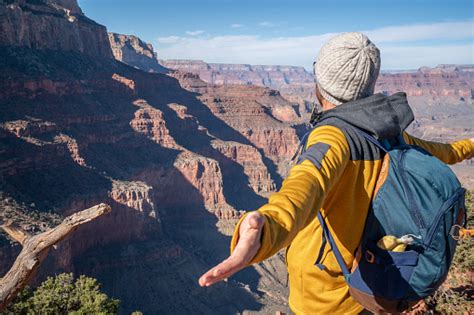 남자는 삶과 자연의 팔을 뻗어 젊은이하이킹과 미국 여행을 즐기는 협곡 의 상단에 서 25 29세에 대한 스톡 사진 및 기타 이미지 25 29세 경관 경외감 Istock
