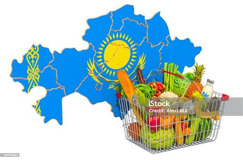 카자흐스탄 개념의 구매 력및 시장 바구니 카자흐어지도와 쇼핑 바구니 흰색 배경에 고립 된 3d 렌더링 3차원 형태에 대한 스톡