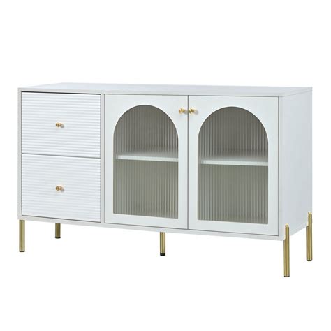 Ynofit Sideboard Weißes Sideboardmarmorplatte2 Glastüren2 Schubladen