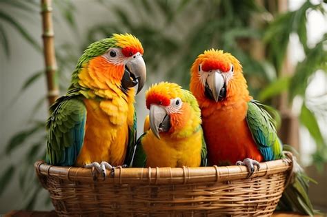 Premium Photo Some Cute Parrots In A Bamboo Basket White Wall In The
