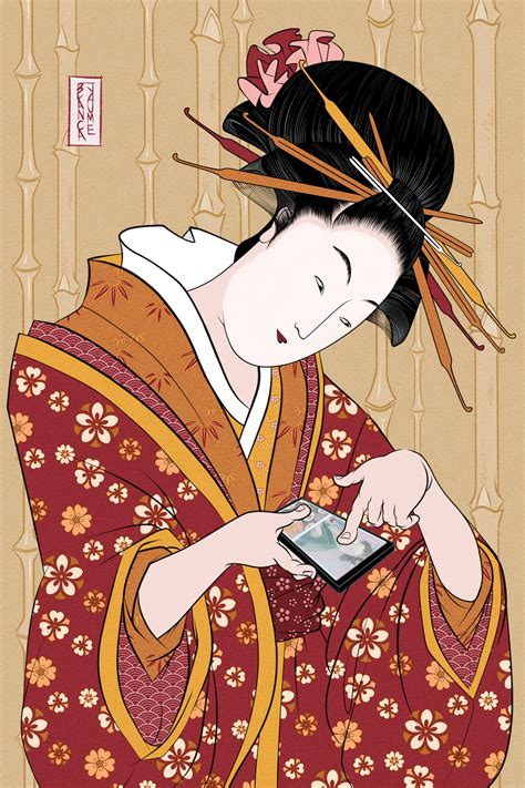 Contemporary Ukiyo E Illustration Of A Geisha Looking At Her Smartphone