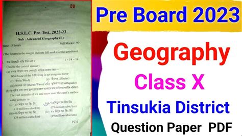 Geography Pre Board Paper 2022 Class X Tinsukia District
