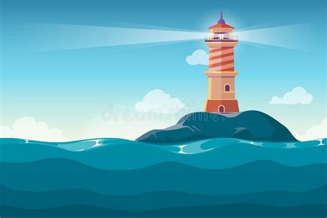 El Faro En Roca Empiedra El Fondo Del Vector De La Historieta De La Isla Ilustración del Vector