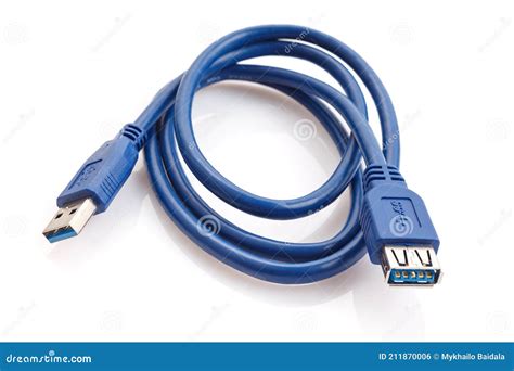 Blue USB 3 0 Of Power And Data Extension Cable Isolated On White Background Closeup Stock Photo