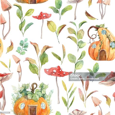 호박 집 녹색 식물 및 시든 헤르바륨 잎이있는 정사각형의 원활한 패턴 흰색 배경에 수채화 자연 개체 벽지 및 포장지 디자인 버섯에 대한 스톡 벡터 아트 및 기타 이미지