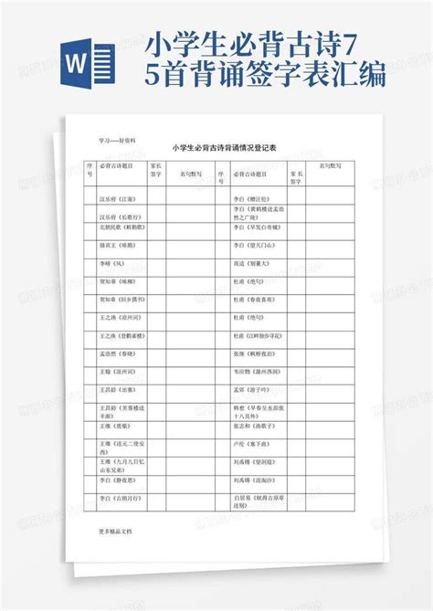 小学生必背古诗75首背诵签字表汇编Word模板下载 编号qbzokwxw 熊猫办公