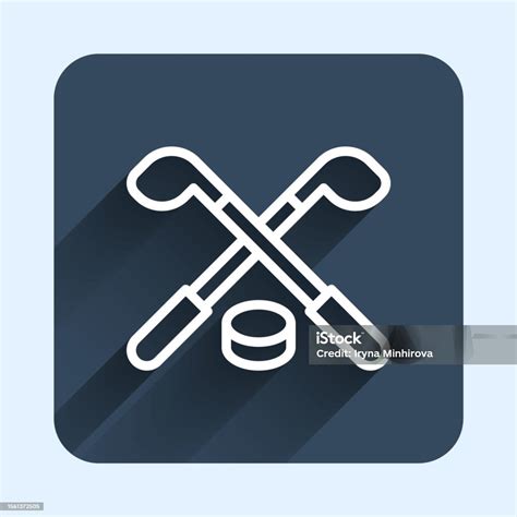 흰색 선 아이스하키 스틱과 퍽 아이콘은 긴 그림자 배경으로 분리되어 있습니다 게임 시작 파란색 사각형 버튼입니다 벡터 Championship에 대한 스톡 벡터 아트 및 기타