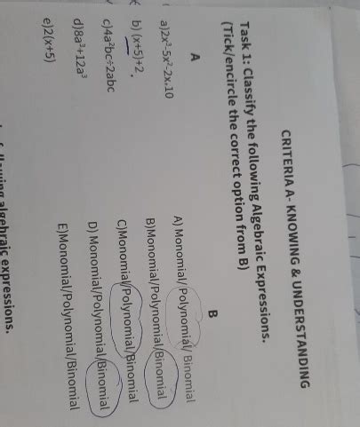 Solved CRITERIA A KNOWING UNDERSTANDINGTask Classify Chegg