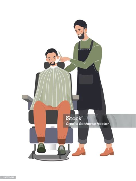 남성 미용사 전문 유행 수염 남자 캐릭터 클라이언트는 흰색 평면 벡터 일러스트에 고립 면도 대기 고객에 대한 스톡 벡터 아트 및