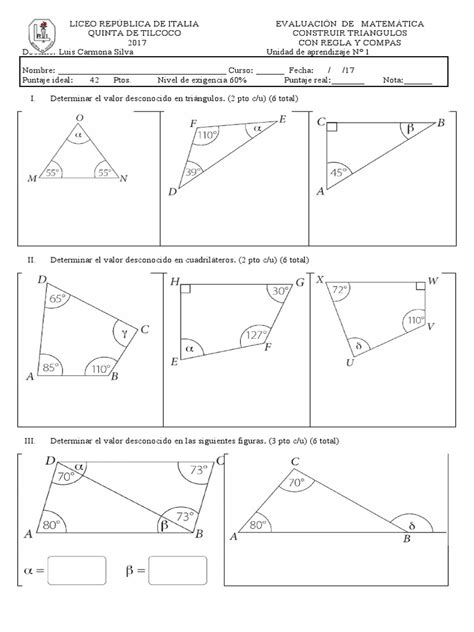Evaluacion N° 6 6° Basico A Construccion De Triangulos Con Regla Y Compas Pdf