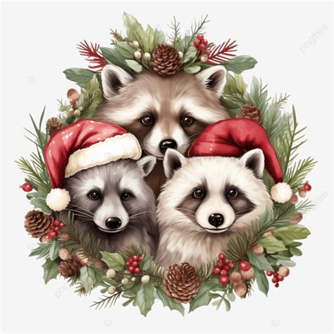 메리 크리스마스 순록 토끼 곰과 너구리 홀리 베리 라운드 그림 크리스마스 순록 크리스마스 곰 Png 일러스트 및 이미지 에
