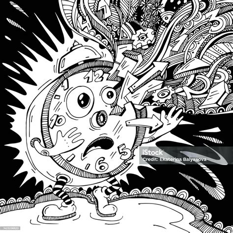 알람 시계와 시간의 그래픽 일러스트레이션 애니메이션 시계가있는 만화 그리기 Moment Of Silence에 대한 스톡 벡터