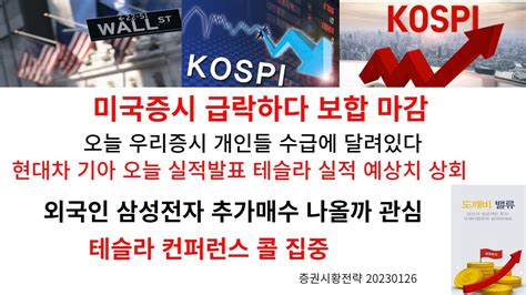 증권시황전략1월26일 미국증시 초반급락 마감은 보합 테슬라 실적 예상치 상회 오늘 우리증시 개인들 수급에 달려있다 현대차 기아 실적발표 오늘도 덤비지말고 관망 보유종목만