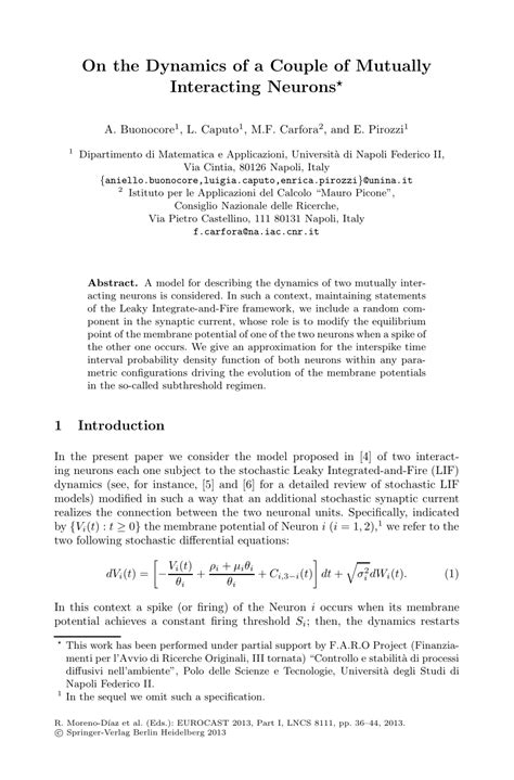 Pdf On The Dynamics Of A Couple Of Mutually Interacting Neurons