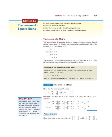 Math Ch6 2 Math Work S E C T I O N 6 3 The Inverse Of A Square Matrix 497 Section 6 The