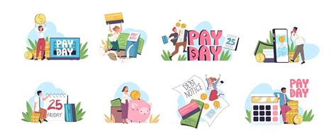 사람들 월급날 급여 행복 이벤트 또는 급여 지급 개념 직원 급여 예산 책정 달력에 지불 날짜 빚 상환 지불인 돈 지불 세금 고급 벡터 일러스트 레이 션 은행 예금 전표에
