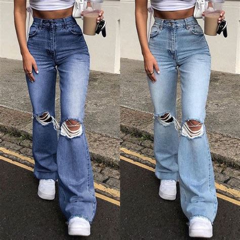 Women Ripped Wide Leg Casual High Waist Jeans Flared Trousers Light