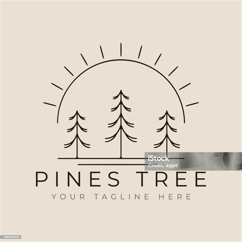 소나무 나무 벡터 로고 템플릿 일러스트 일러스트 그래픽 디자인 태양 버스트 미니멀리스트 라인 아트 스타일 디자인 0명에 대한