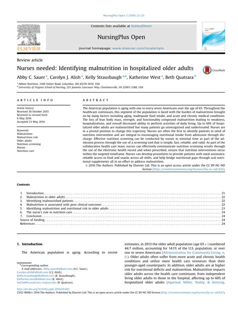 Pdf Nurses Needed Identifying Malnutrition In Hospitalized Older Adults