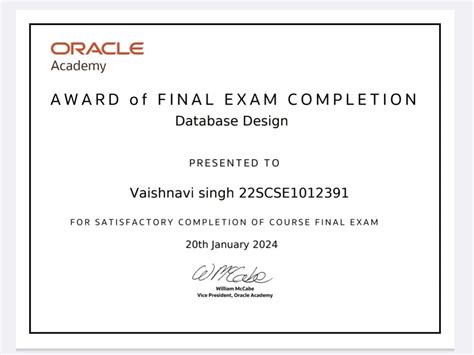 Passed Database Design Course From Oracle Academy Vaishnavi Singh