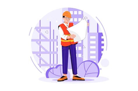 Construtor Olhando Plano Arquitetônico Do Projeto Vetor Premium