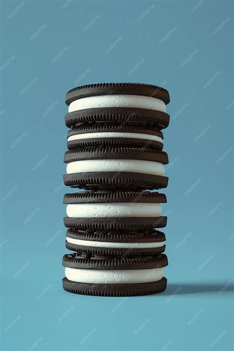A Stack Of Oreo Cookies Viewed From The Side Against A Blue Background