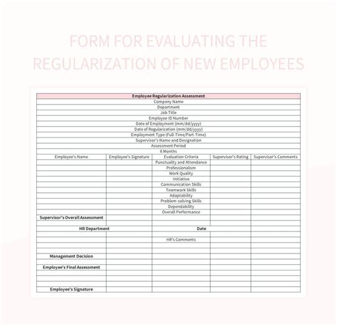 Form For Evaluating The Regularization Of New Employees Excel Template