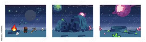 Retro Computer Games Level Pixel Art Video Game Scene 8 Bit Warrior Character Collects Weapons