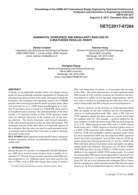 PDF Kinematics Workspace And Singularity Analysis Of A Multi Mode Parallel Robot