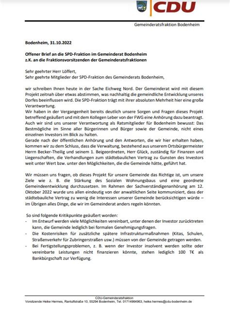 Offener Brief an die SPD-Fraktion im Gemeinderat