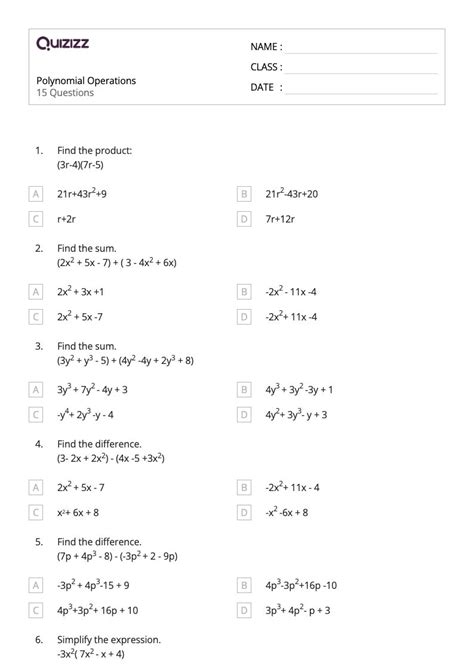 50 Polynomial Operations Worksheets For 9th Grade On Quizizz Free
