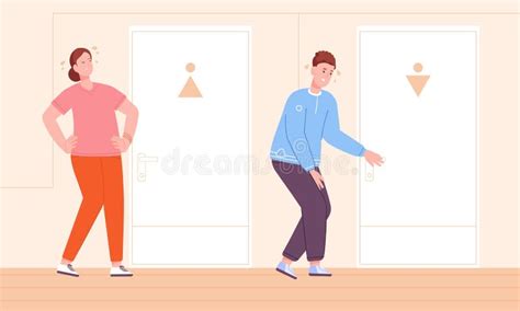 People Waiting Toilet Woman And Man Urgent Need To Pee Guy Hold