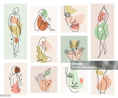 추상적 인 여성 벡터 배경은 연속 라인 아트로 설정됩니다 여성 얼굴 손 자세 컬러 텍스처 쉐이프 요소를 모던한 심플한 리니어