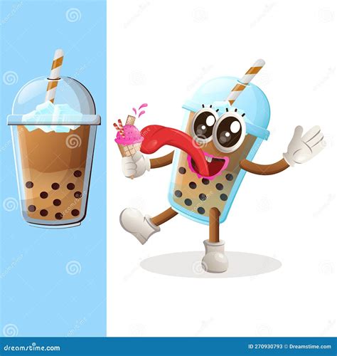 Cute Bubble Tea Mascot Eat Bubble Tea Bubble Tea Cone Cartoon Vector