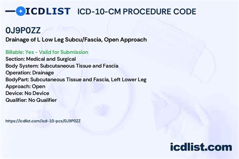 Icd 10 Pcs Procedure Code 0j9p0zz Drainage Of Left Lower Leg Subcutaneous Tissue And Fascia