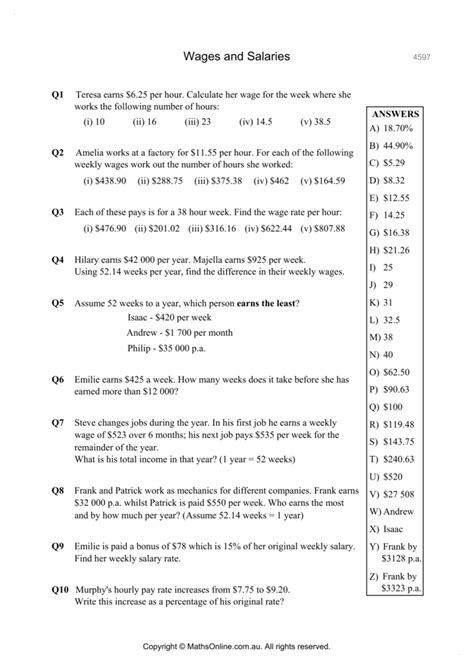 Wages And Salaries Worksheet Answers Maths Worksheet Generator Uk