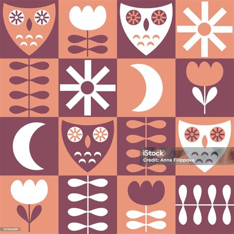 올빼미 태양 및 달이있는 복고풍 이음새가 없는 패턴 티 종이 섬유 및 직물을위한 기하학적 체크 무늬 인쇄 장식과 디자인을위한 꽃 벡터 배경 1960 1969 년에 대한 스톡