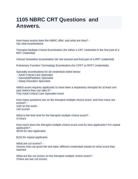1105 NBRC CRT Questions And Answers Exams Medicine Docsity