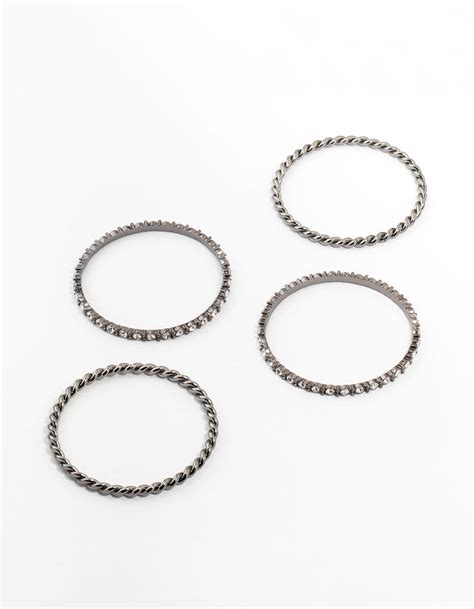 Black Silver Diamante Bangles 4 Pack Lovisa