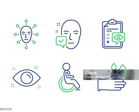 비활성화 건강 눈과 얼굴 허용 아이콘 세트 얼굴 생체 인식 눈 검사 목록 및 고무 장갑 표지판 벡터 건강관리와 의술에 대한 스톡