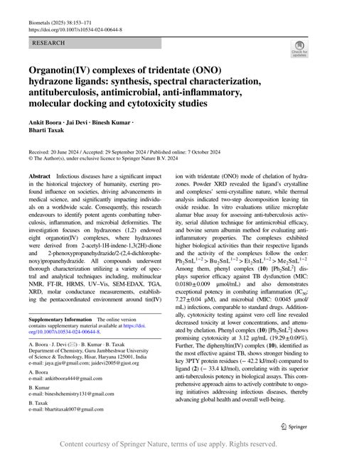 Organotiniv Complexes Of Tridentate Ono Hydrazone Ligands Synthesis Spectral