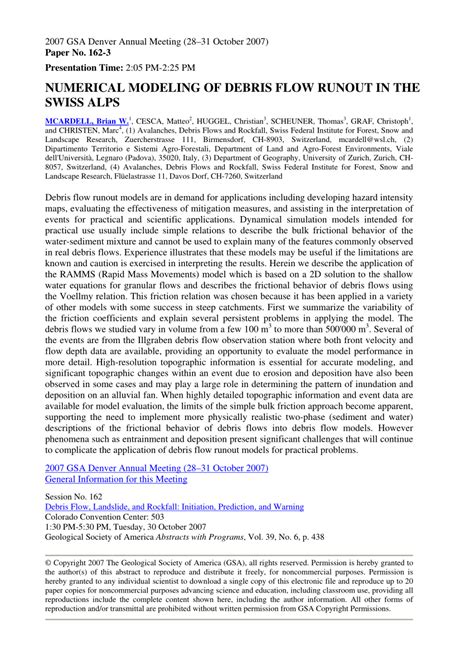 Pdf Numerical Modeling Of Debris Flow Run Out In The Swiss Alps